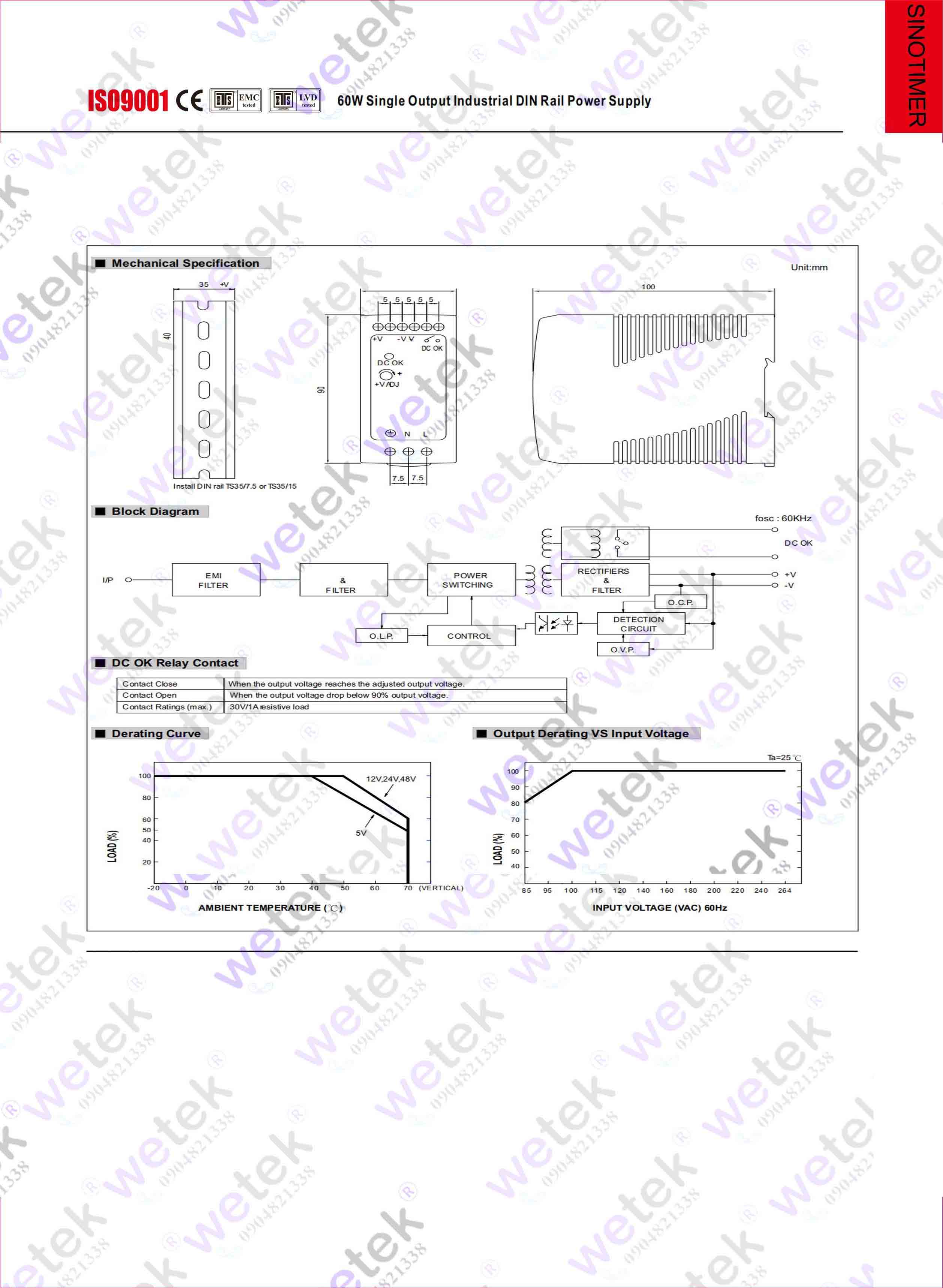 MDINR-60-24 60W 24Vdc Nguồn xung DIN, 60W, 24Vdc, 2.5A Sinotimer